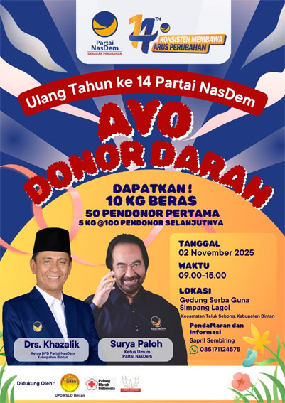 HUT 14 Tahun, Partai NasDem ajak warga Bintan Donor Darah - Riaukepri.com
